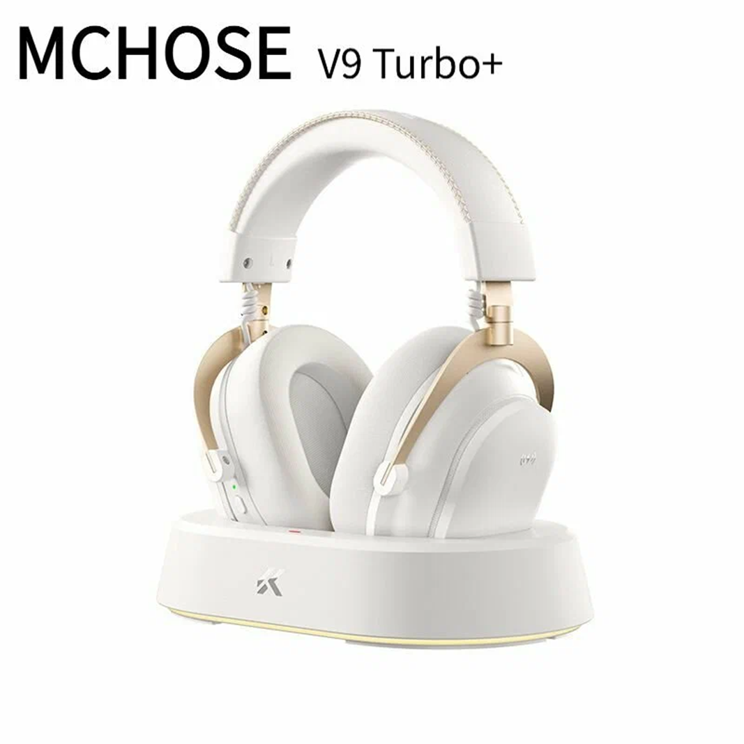 MCHOSE V9 Turbo+ Беспроводные игровые наушники (Bluetooth/2.4G/USB-C), 2000mAh, С микрофоном, RGB,(Белый-Золотой)