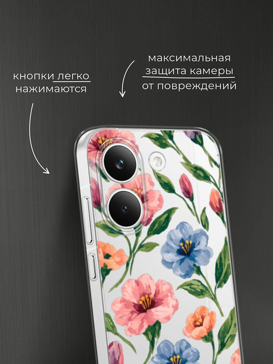 Чехол на Poco X8 Pro / Поко X8 Про с принтом Акварельные цветы и бутоны, прозрачный — фото 1