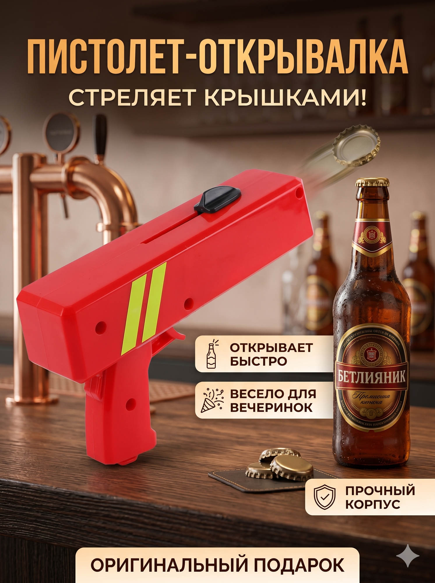 Открывалка для пива пистолет стреляющая крышками – магнитная открывашка для бутылок, прикольный подарок мужчине