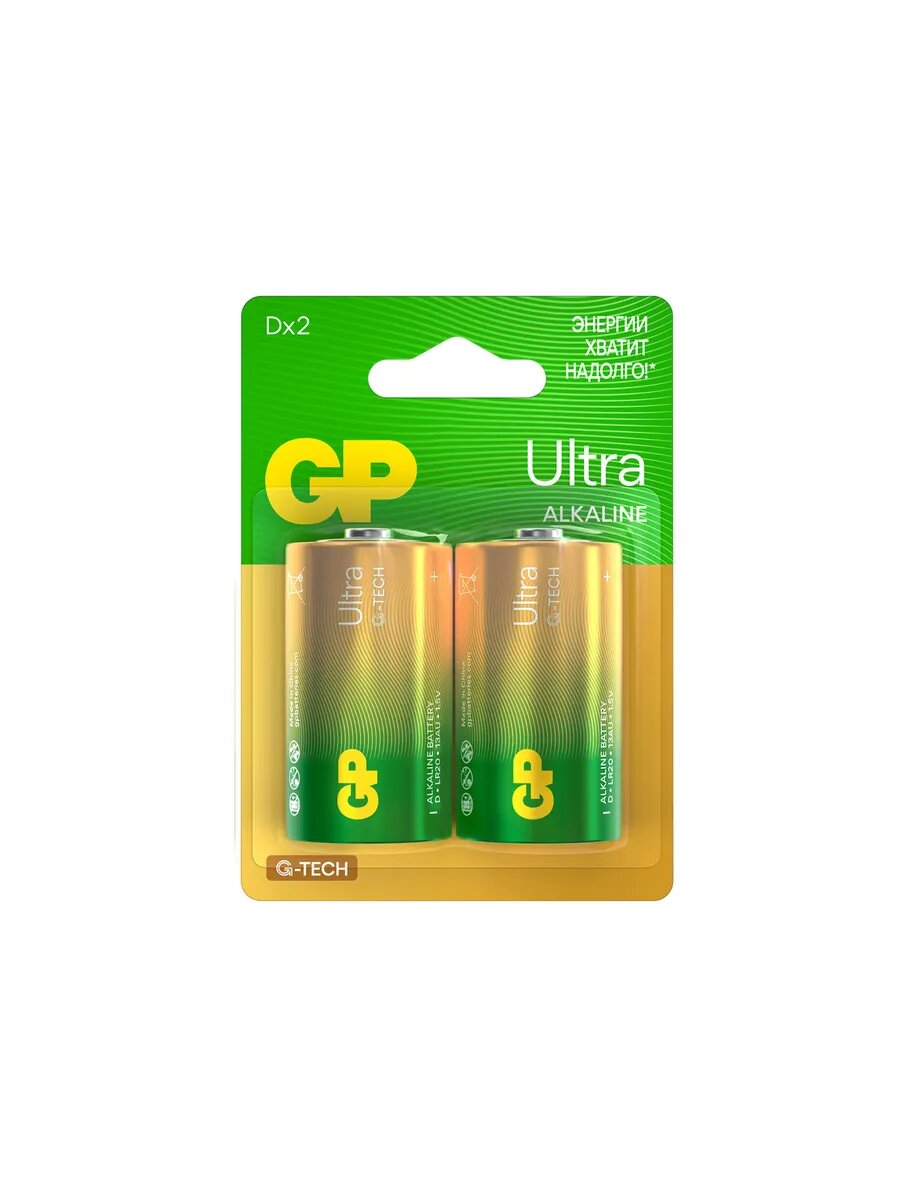 Батарейки 2 шт, GP Ultra G-Tech, D (LR20, 13А), алкалиновые