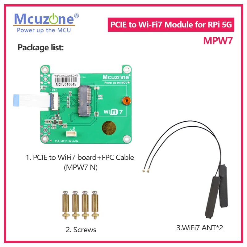 MPW7 WiFi7 модуль PCIe для Raspberry Pi 5, MPW7N, 2 антенны