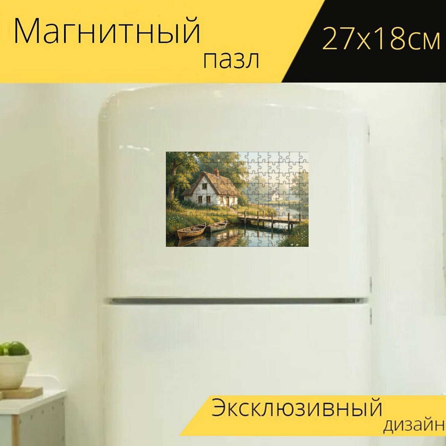 Магнитный пазл "Деревенский дом у реки. Уютный сельский уголок с белыми домиками, деревянным мостком, лодками у берега и зеркальной водой. Мягкие." на холодильник 27 x 18 см.