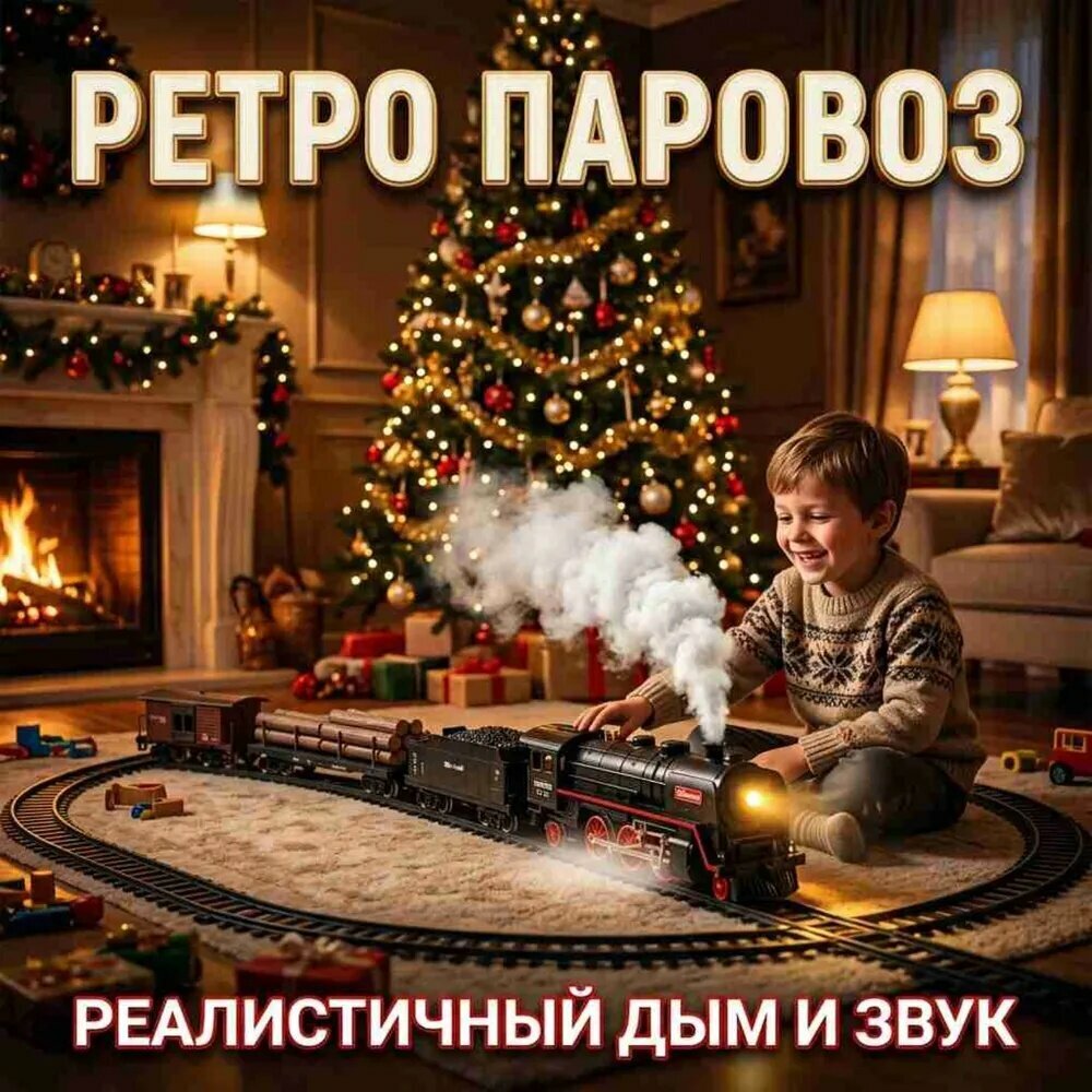 Детская железная дорога с ретро паровозом, большой электрический поезд с реалистичным дымом светом и звуком, игровой набор на аккумуляторе, подарок для мальчика.