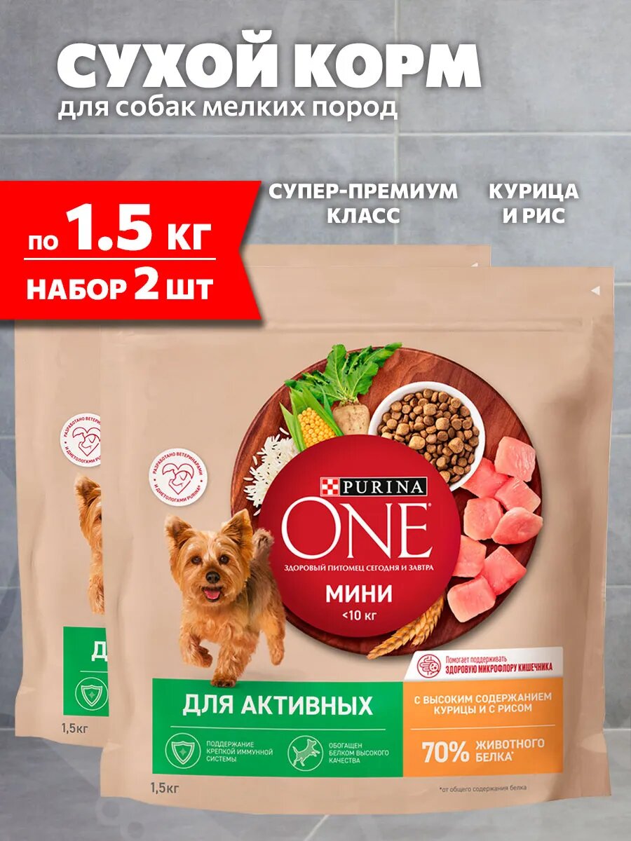 Корм сухой Purina One Мини для взрослых собак мелких и карликовых пород при активном образе жизни, курица и рис, 1,5 кг x 2 шт