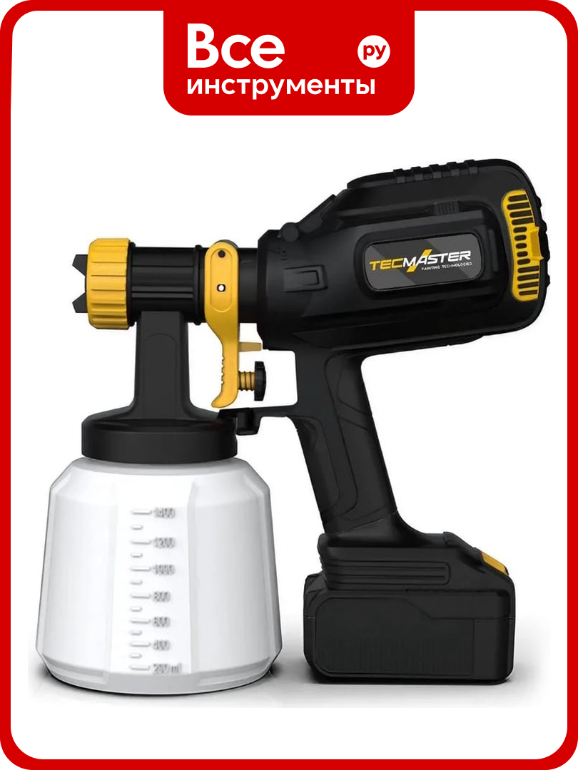 Аккумуляторный краскопульт TECMASTER T1250 с комплектом форсунок, Окна, двери, мебель, заборы, авто