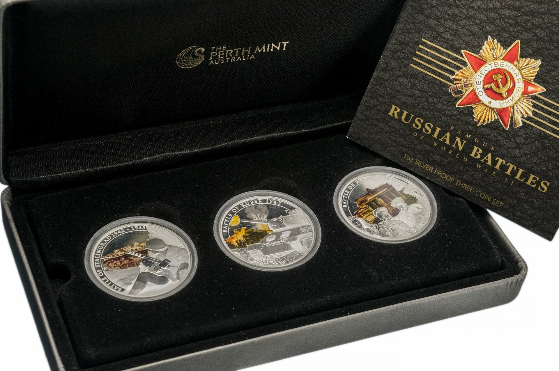 Тувалу набор монет 1 доллар 2010 Proof "Сражения Великой Отечественной войны" из 3 монет в футляре с сертификатом, Серебро 999
