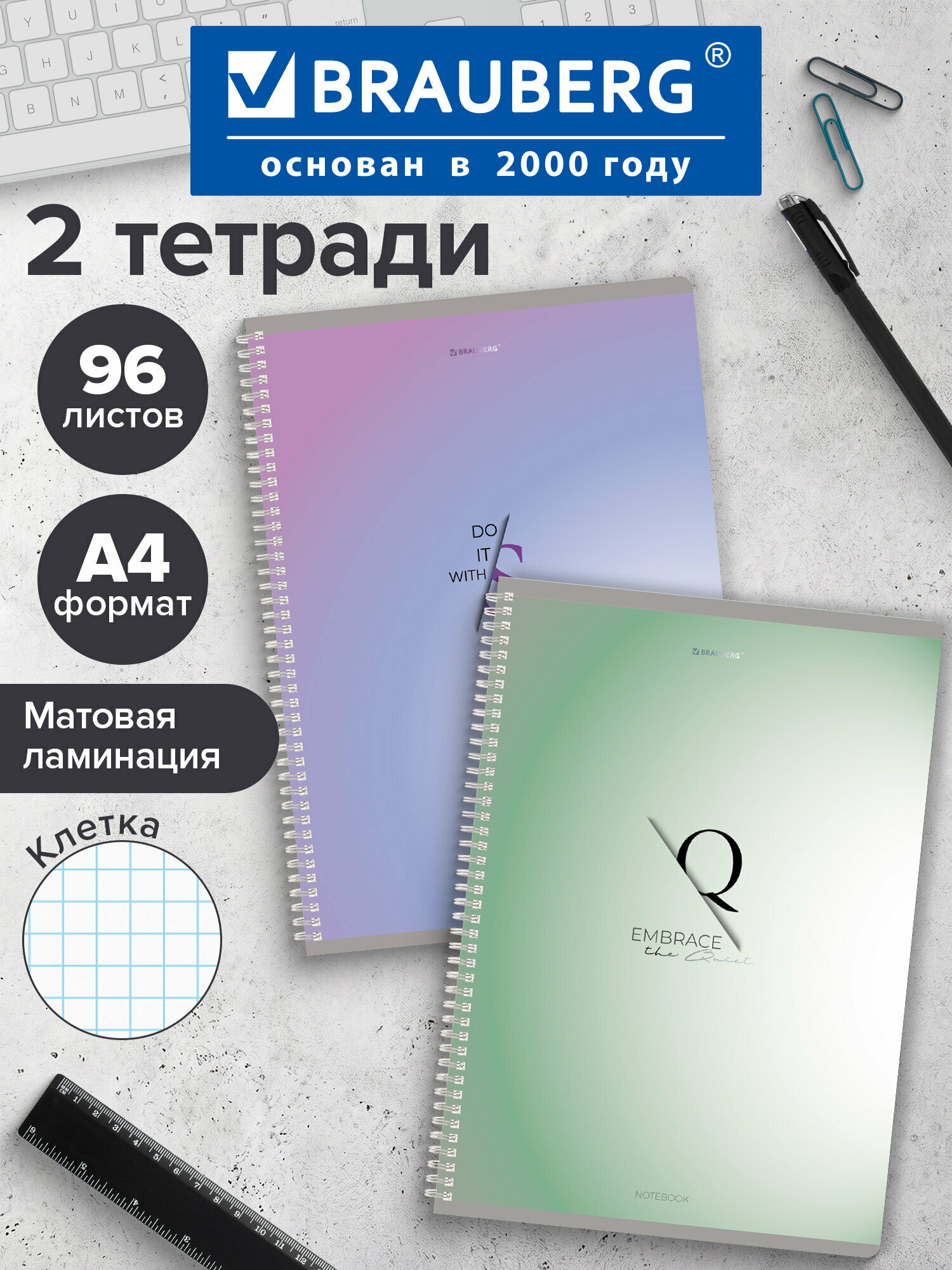 Тетрадь А4 в клетку 96 листов, гребень, общая, набор 2 штуки, матовая обложка, "Моноколор_3", Brauberg, 404877