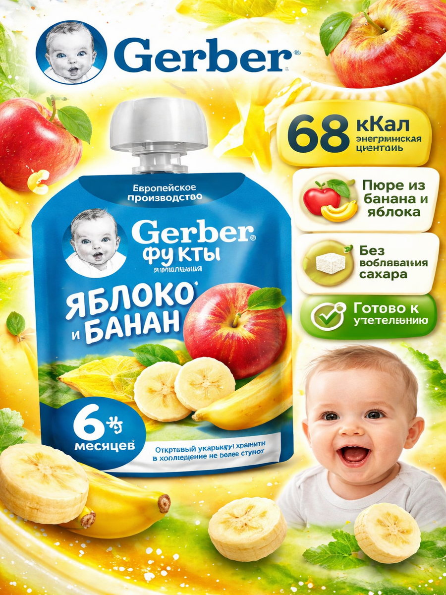 Пюре фруктовое детское Gerber Яблоко и банан с 6 месяцев, 90г
