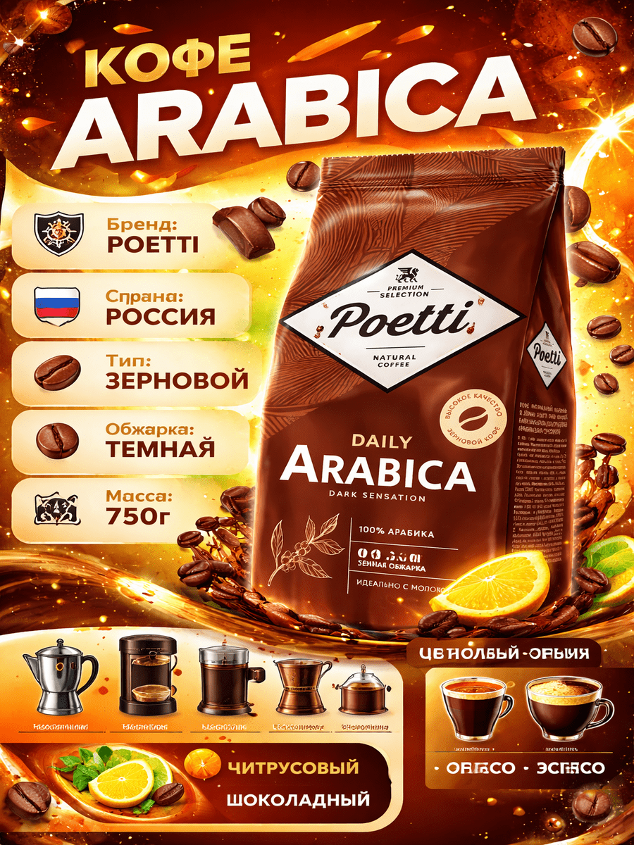Кофе Poetti Arabica Dark Sensation зерновой, 750г