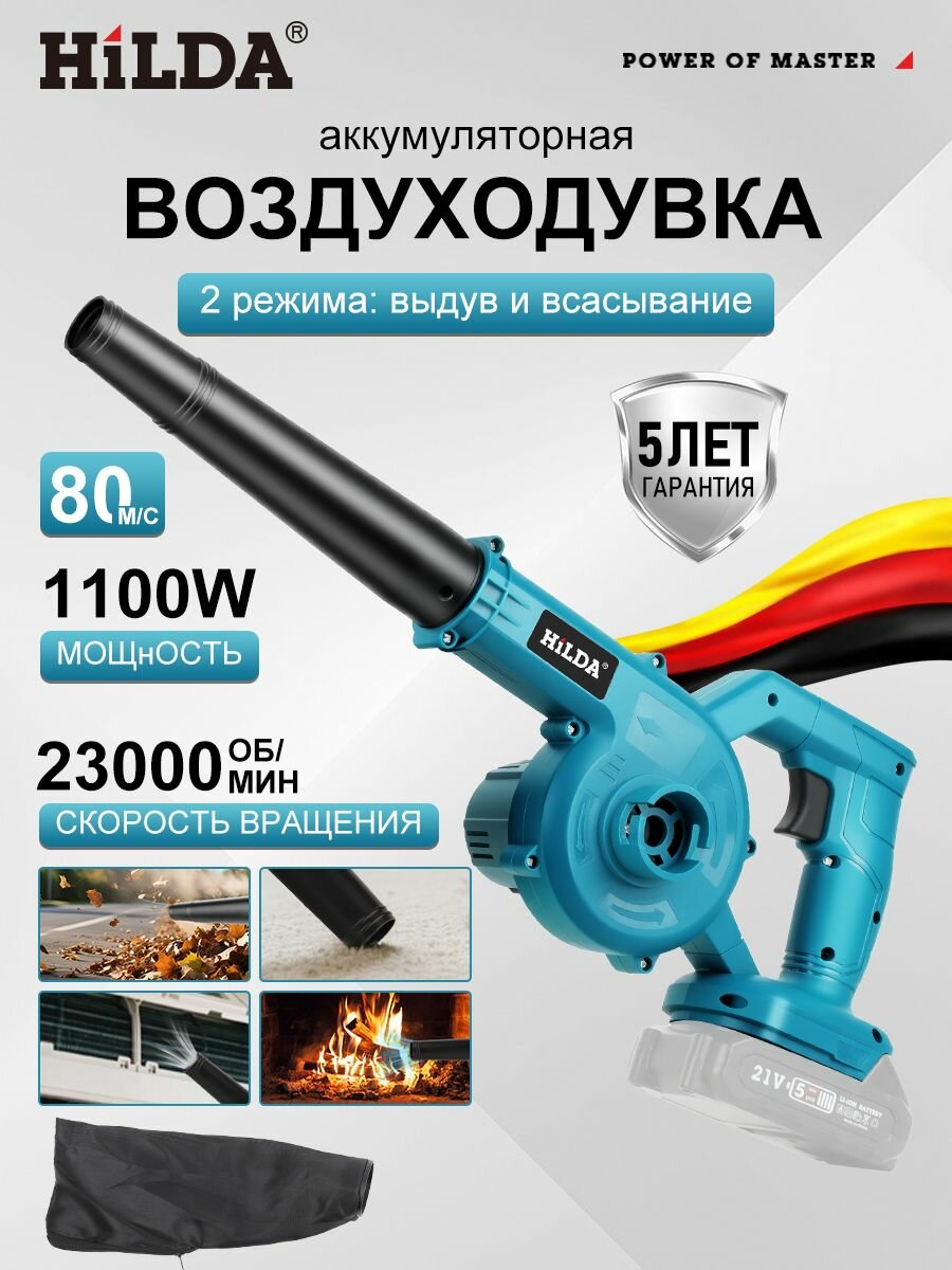 Воздуходувка аккумуляторная портативная, для сада и ремонта, 2 режима (выдув и всасывание), с мешком для сбора