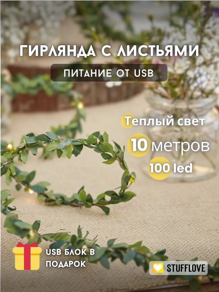 Электрогирлянда интерьерная Роса Светодиодная 100 ламп, 10 м, питание От порта USB, 1 шт