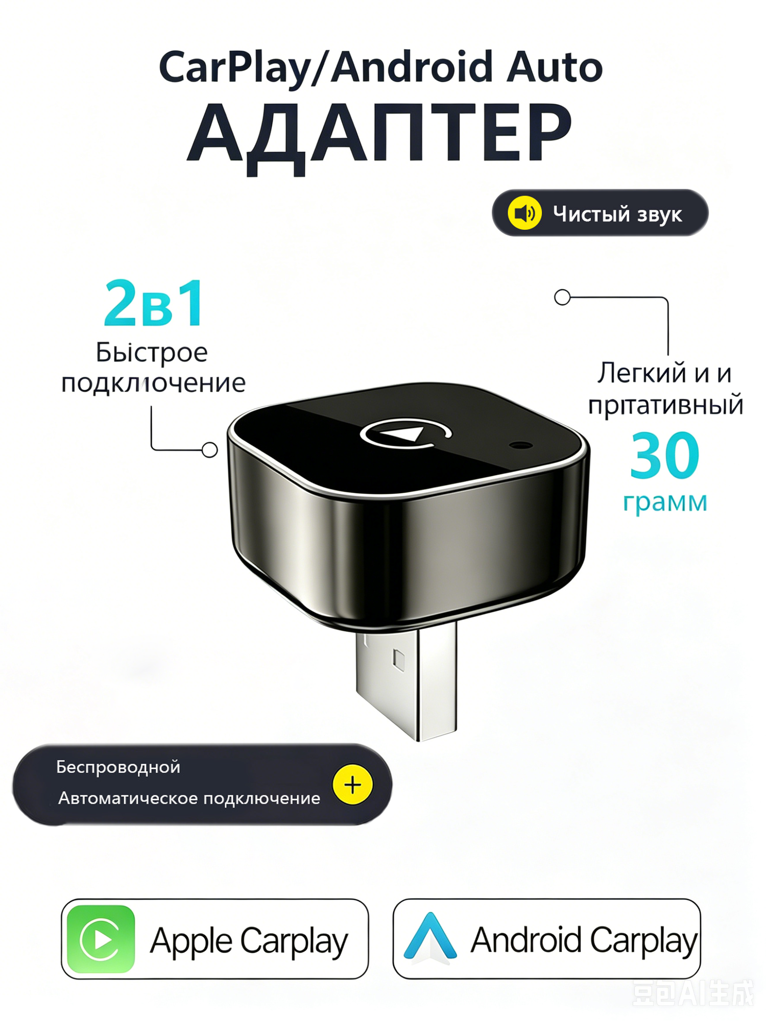 Беспроводной адаптер для CarPlay и Android Auto, 2в1 USB/Type-C