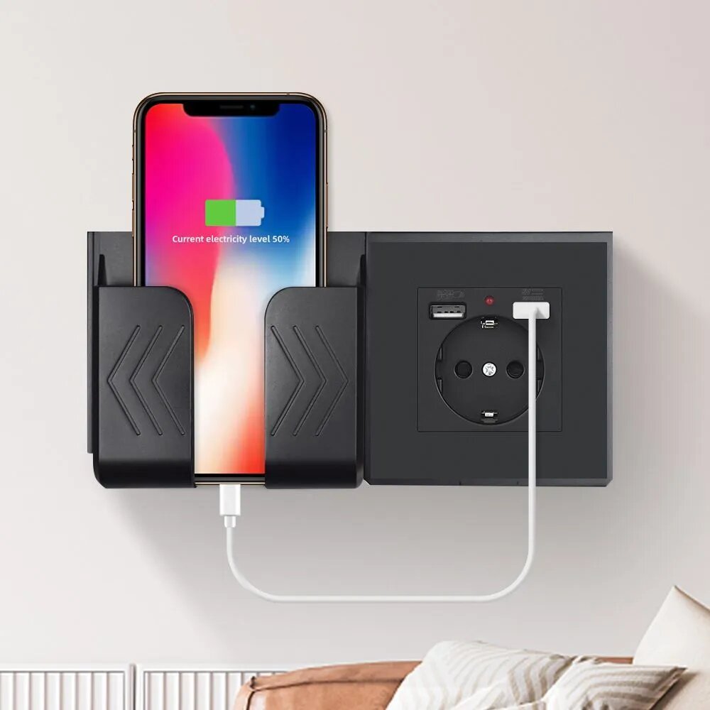 Встраиваемая розетка с двумя USB портами, с электрической розеткой VISWE,+ подставка под смартфон, черный