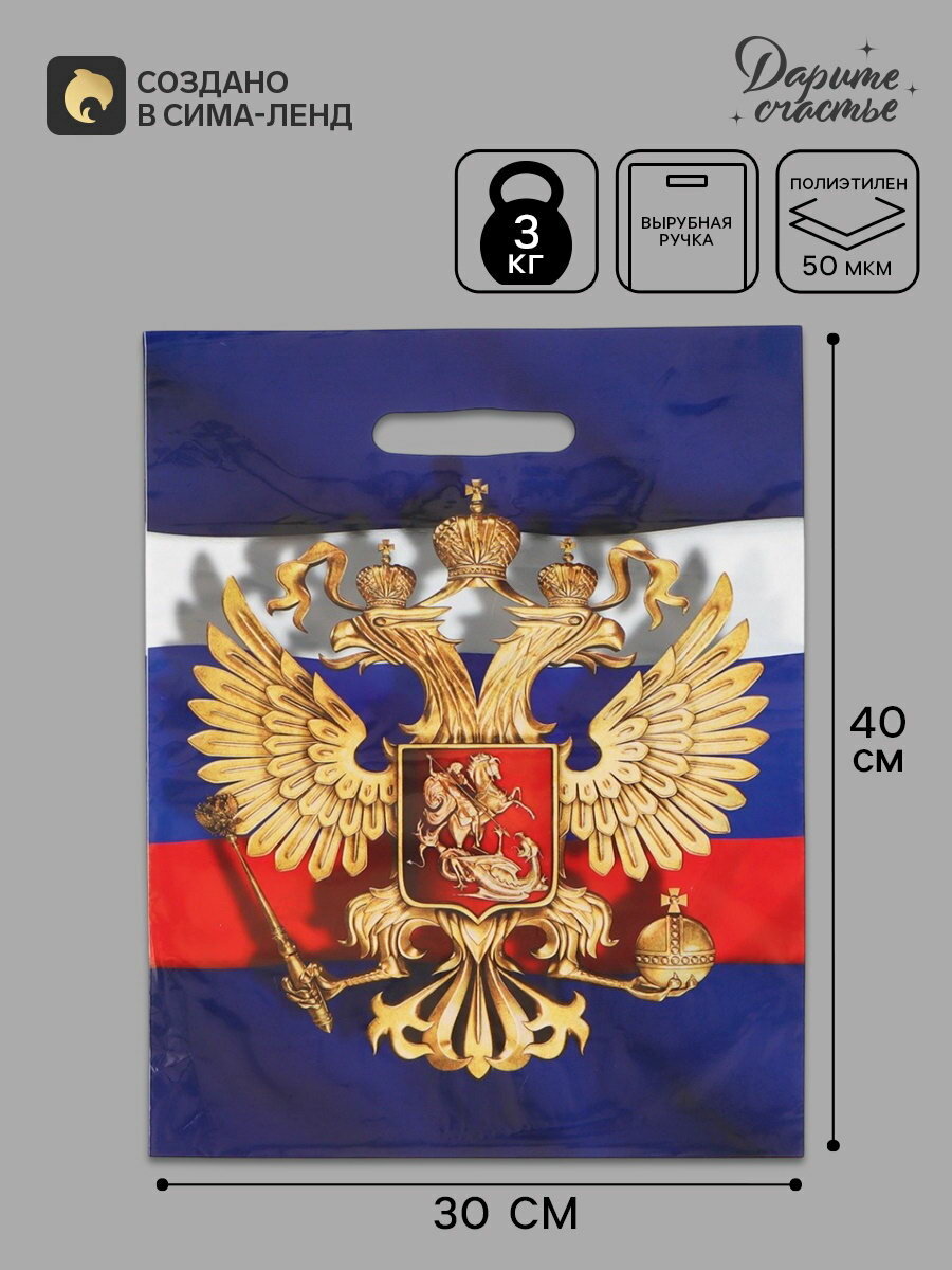 Пакет подарочный "Моя Россия", полиэтиленовый с вырубной ручкой, 30x40 см 50 мкм, 20 шт.