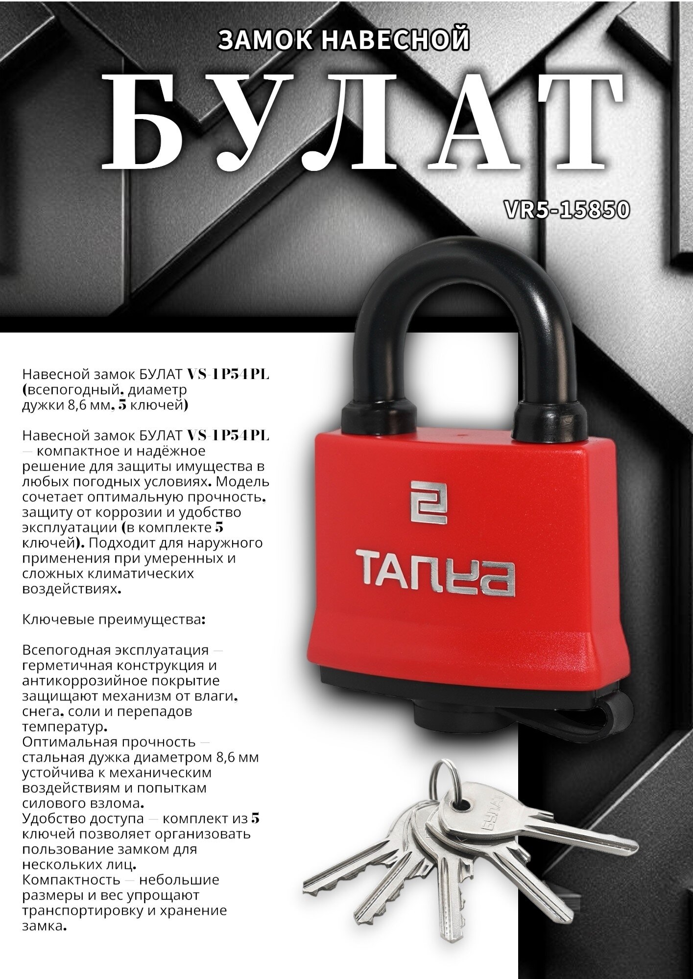 Замок навесной ВС 1-П54 ПЛ всепогодный 5 кл. d 8,6мм