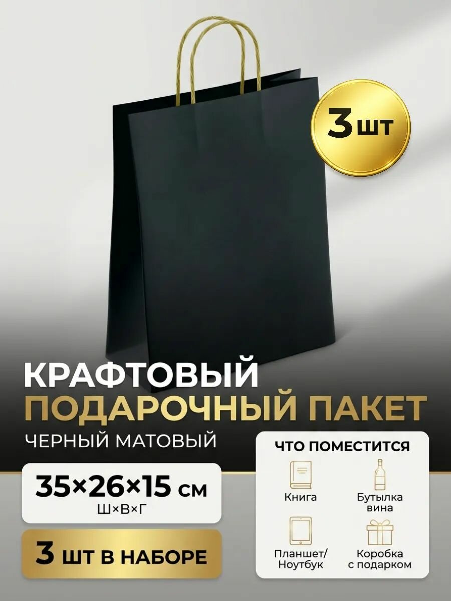 Подарочный пакет, 26x35x15см, крафт, черный, с плетеными ручками