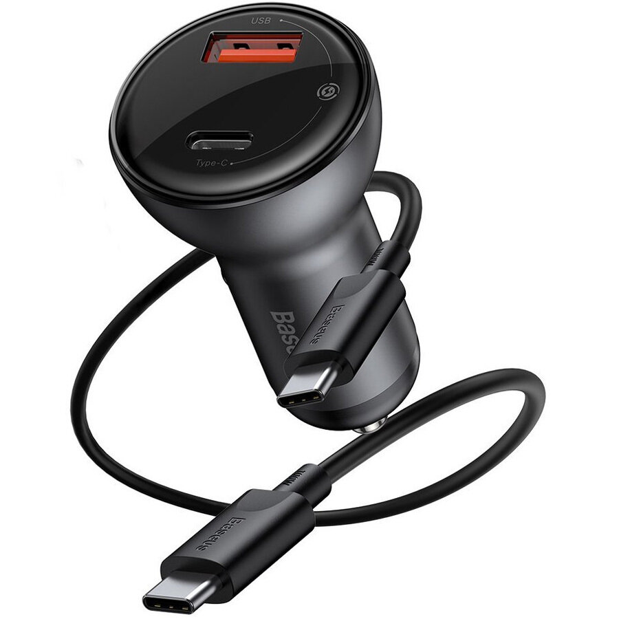 Автомобильное ЗУ 2xUSB с кабелем USB Type-C Baseus Digital Display Dual SCP TZCCBX-C0G быстрое QC 3.0 Черное