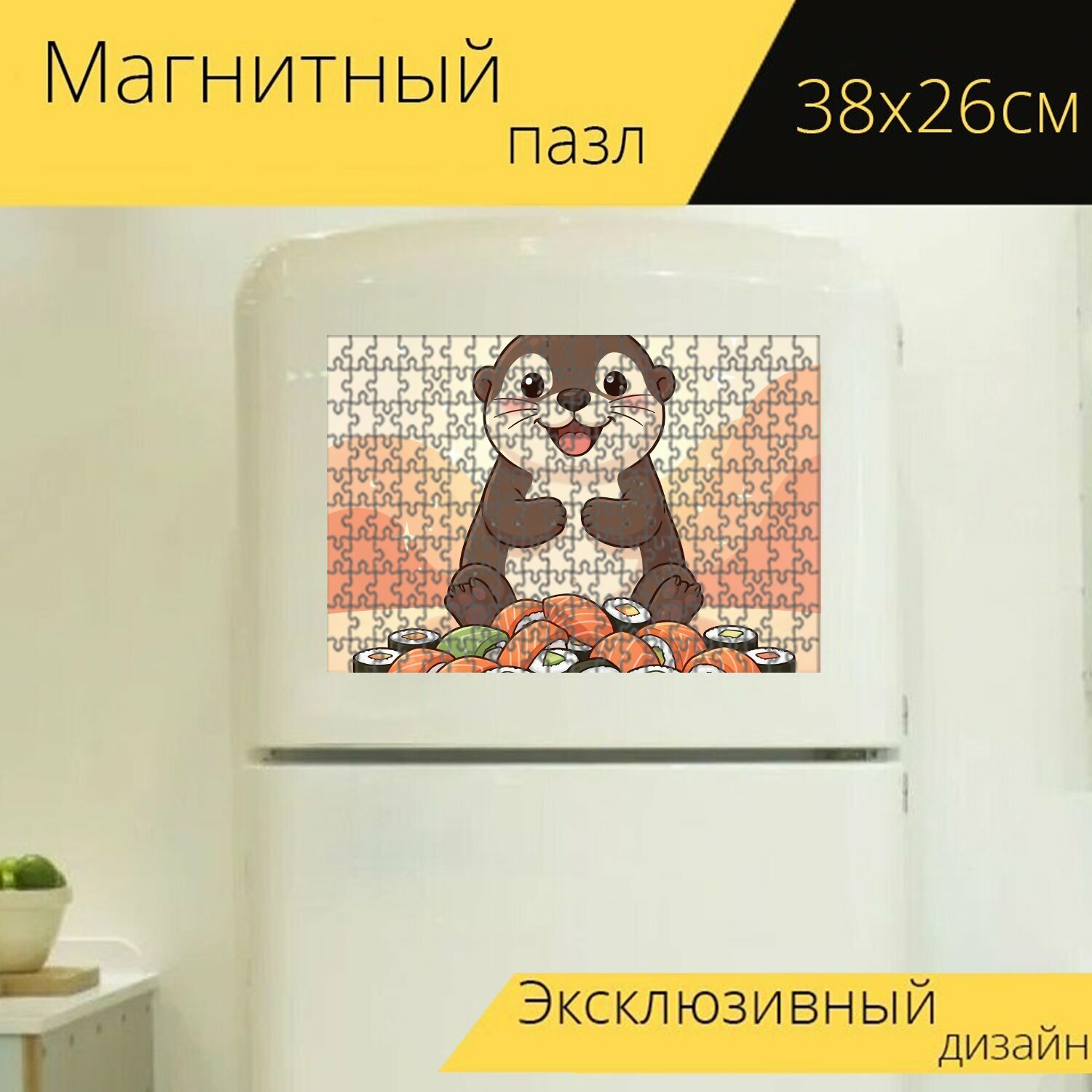 Магнитный пазл "Счастливая выдра с роллами. Очаровательный мультяшный зверек с открытой улыбкой сидит среди ярких японских блюд. Теплые бежево-розовые." для интерьера, 38х26 см.