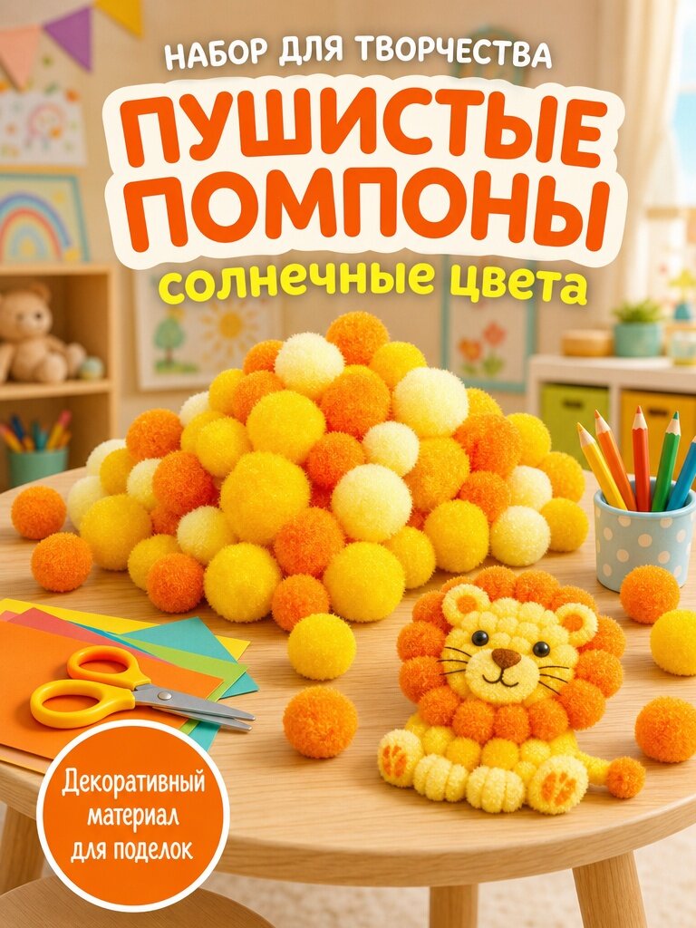Alingar Пушистые помпоны "Солнечные цвета" 80 шт