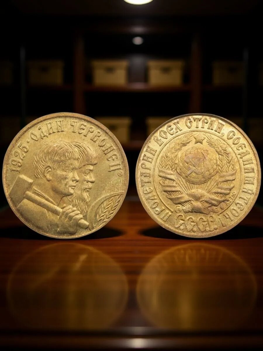 Один червонец 1925 года СССР. Кузнец и жнец направо. Копия