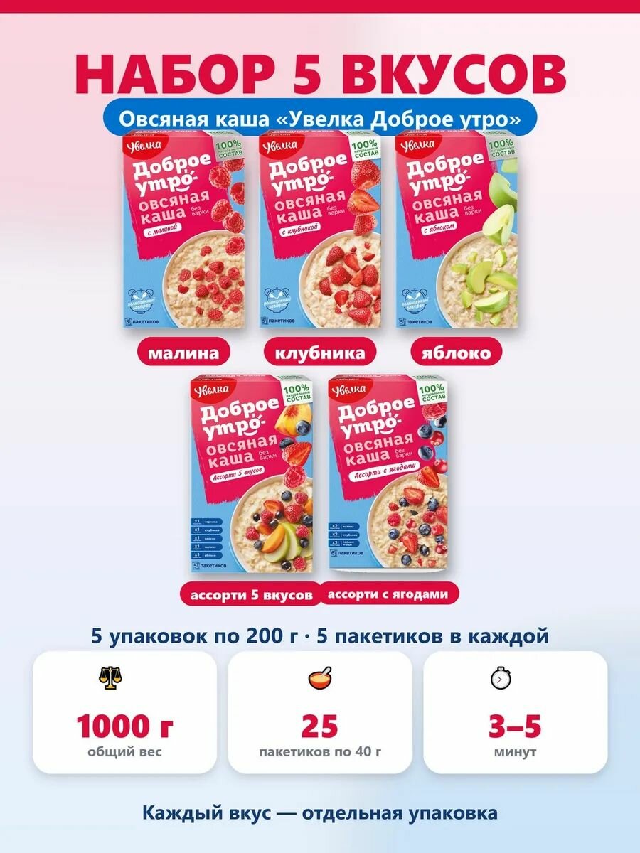Каша овсяная Увелка Доброе утро, набор вкусов: малина, клубника, яблоко, ассорти 5 вкусов, ассорти с ягодами