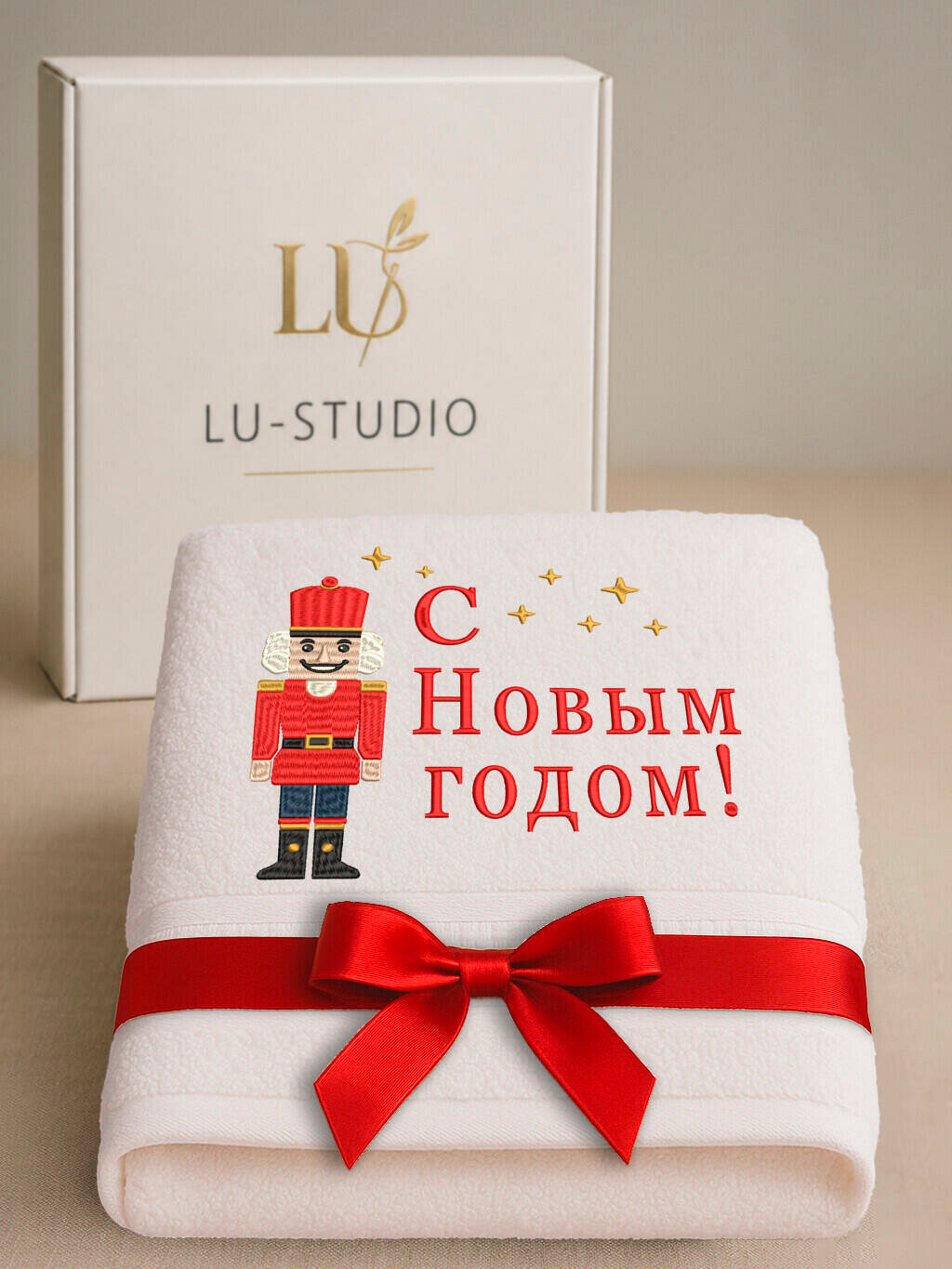 Подарок на Новый год банное полотенце, LU-Studio, белый, 460 г/м², 100% хлопок