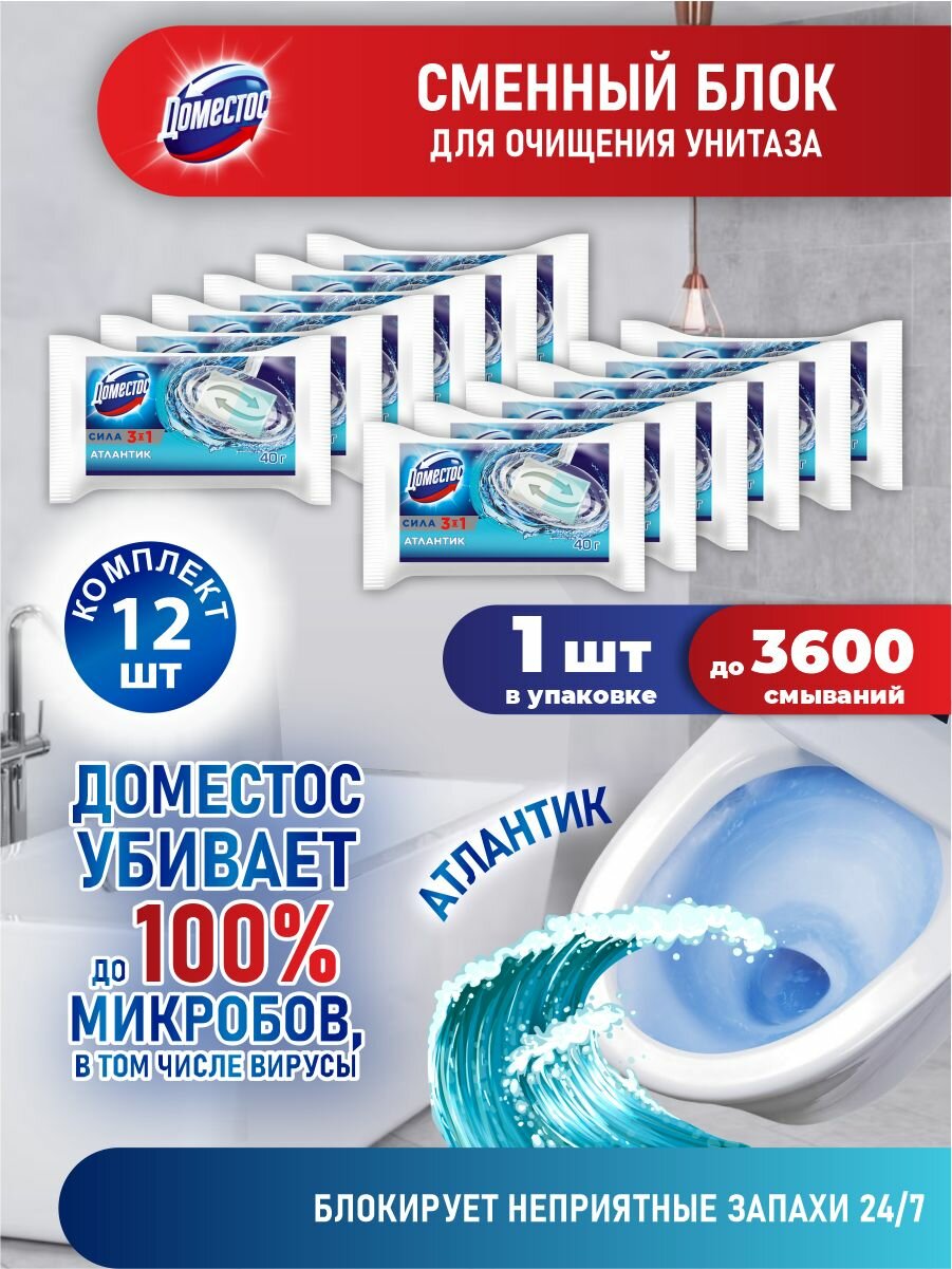 Доместос Сменный блок гигиенический для унитаза Атлантик 40 гр. х 12 шт.
