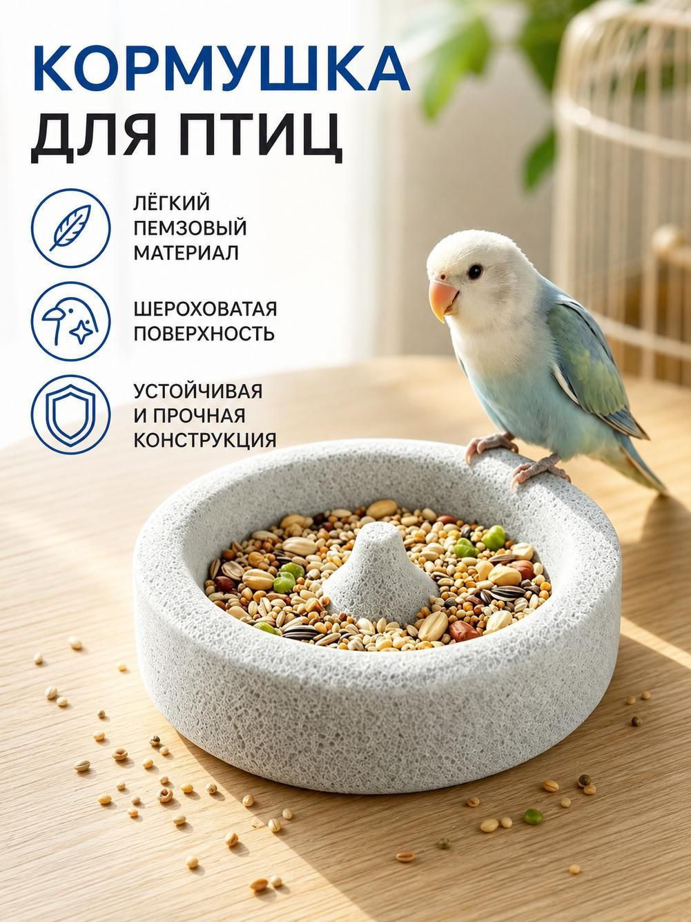 Миска-кормушка для попугаев из натуральной пемзы с точилкой для клюва и когтей, защита от опрокидывания
