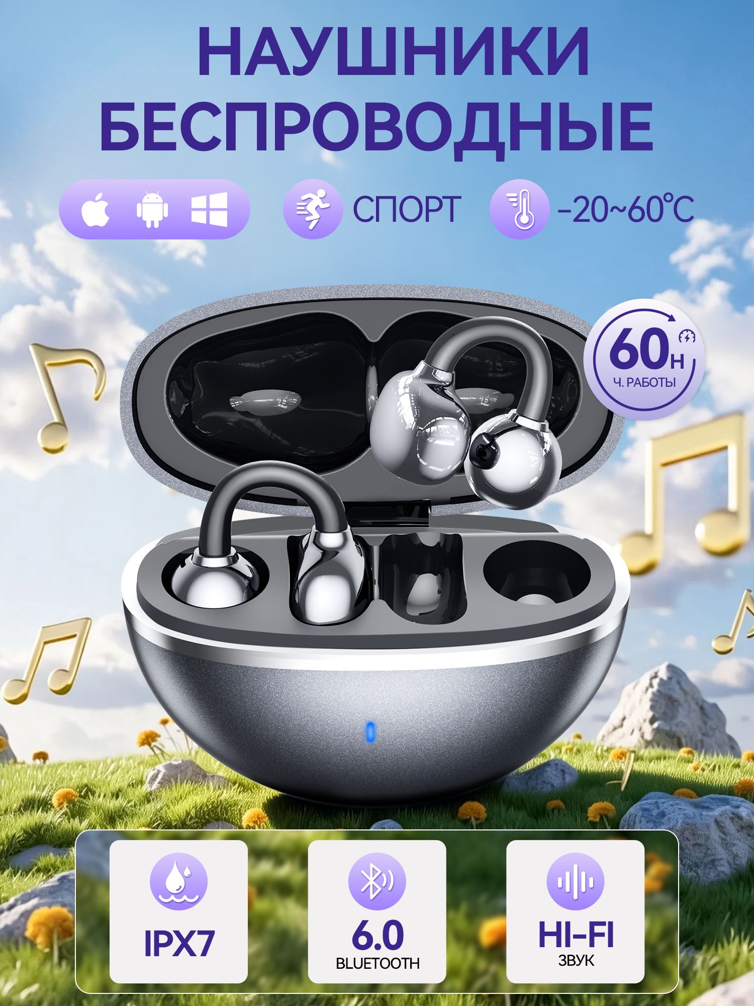 Наушники беспроводные для телефона, Наушники клипсы с Bluetooth 6.0, наушники беспроводные клипсы с защитой IPX7, подарок, микрофоном для звонков, подходят для поездок на работу, учебы, спорта и игр.