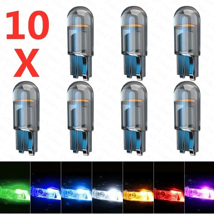 10x W5W T10 COB Стеклянные Автомобильные Лампы 6000K LED Для Подсветки Номерного Знака, Белый, White