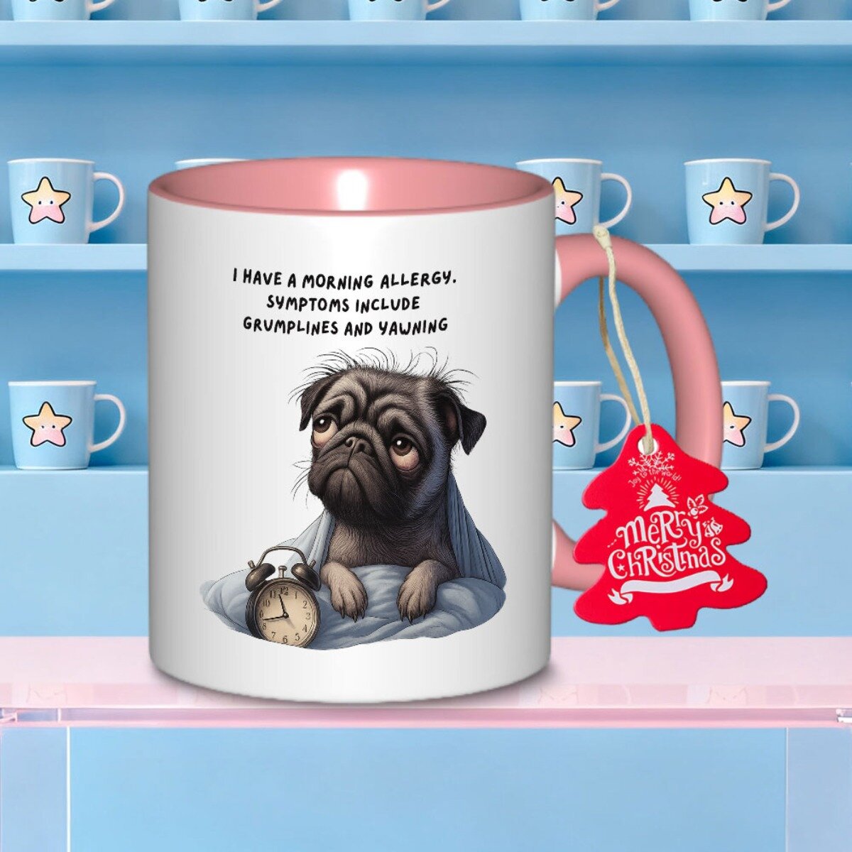 Кружка керамическая розовая с изображением мопса, универсального размера