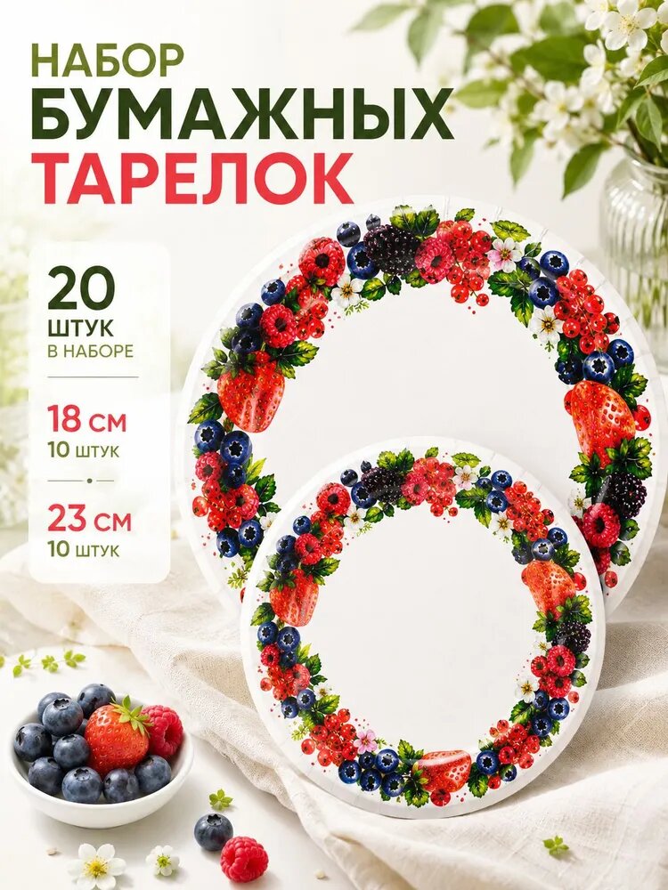 Бумажные тарелки набор 18 и 23 см 10+10 шт для закусок, десертов и сервировки, одинаковый дизайн