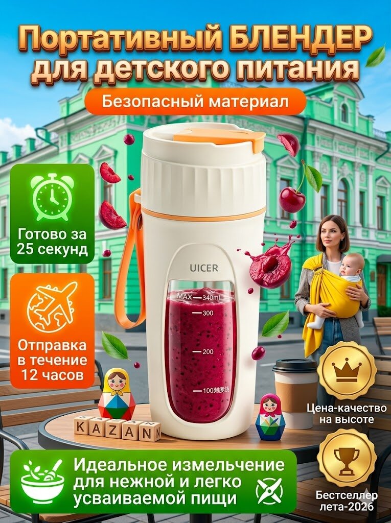 Портативный блендер беспроводной для смузи и коктейлей, 3 скорости с дисплеем, белый