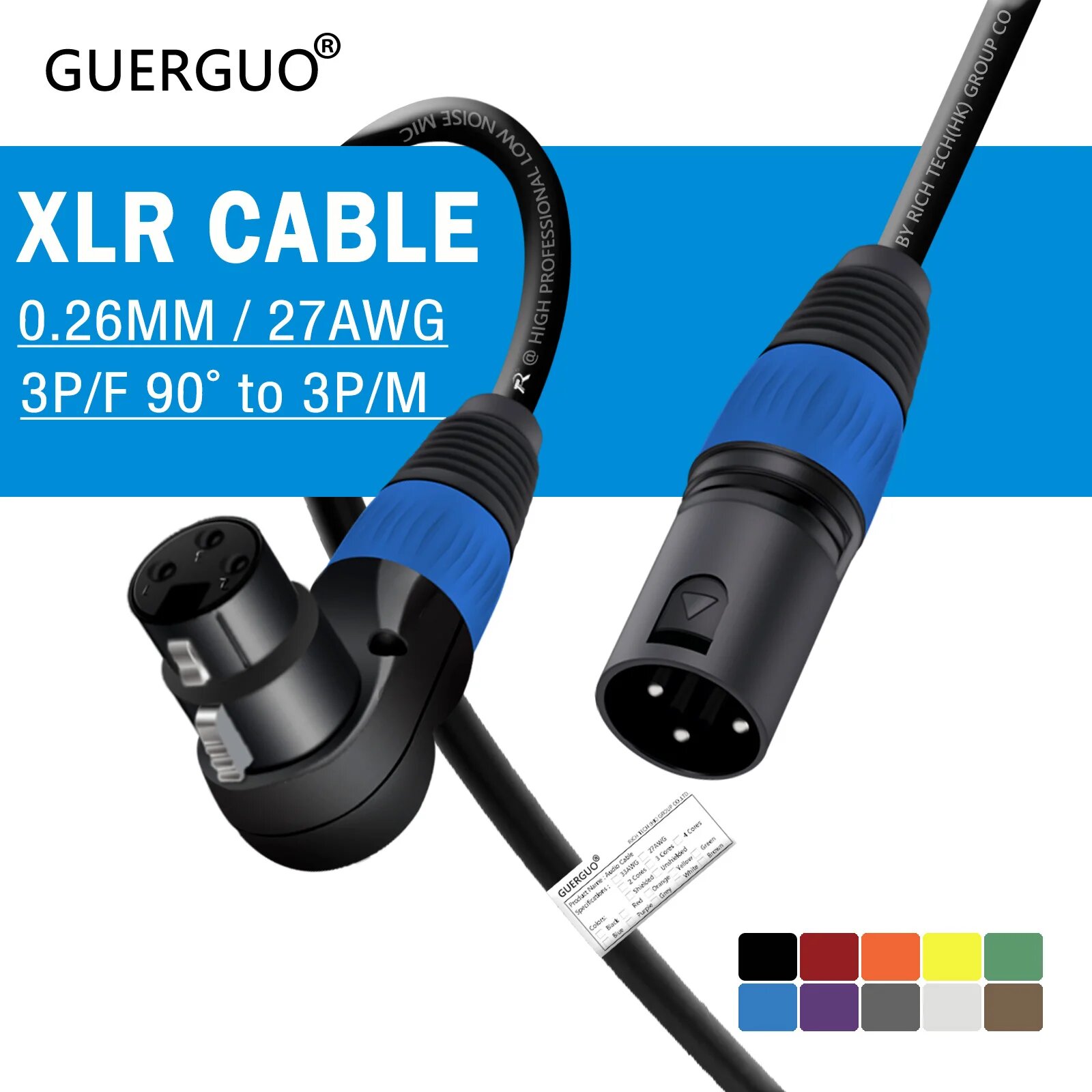 XLR кабель GuerGuo 0.5M, 90° F-M, синий