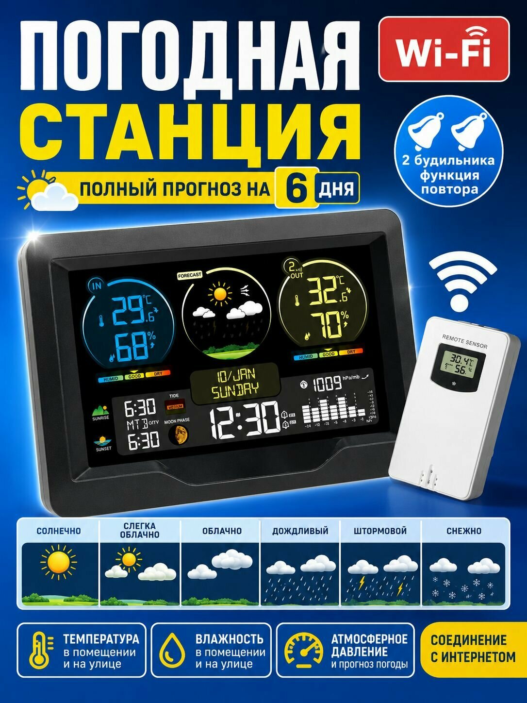 Многозонная метеостанция с беспроводным выносным датчиком, гигрометр, барометр