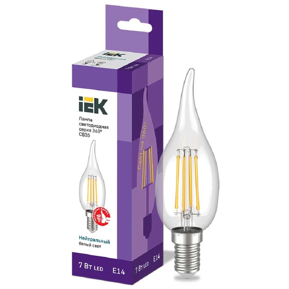 Лампа IEK серия 360 LED, CВ35, свеча на ветру, 7вт, 230В, 4000К, E14 LLF-CB35-7-230-40-E14-CL