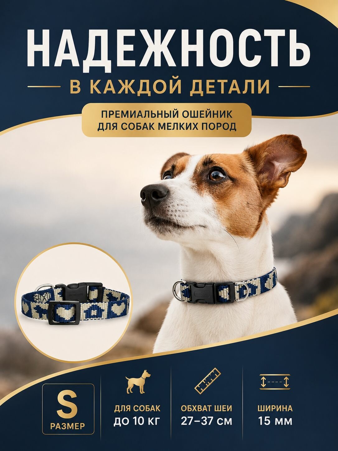 Ошейник для собак Japan Premium Pet стильный и прочный, размер S, синий