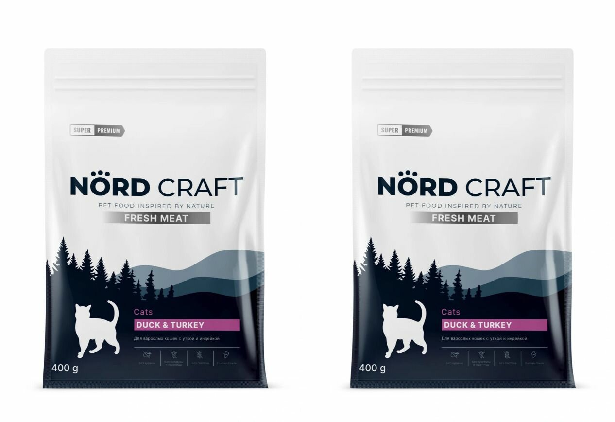NORD CRAFT Корм сухой для взрослых кошек Утка и индейка, 400 г, 2 уп