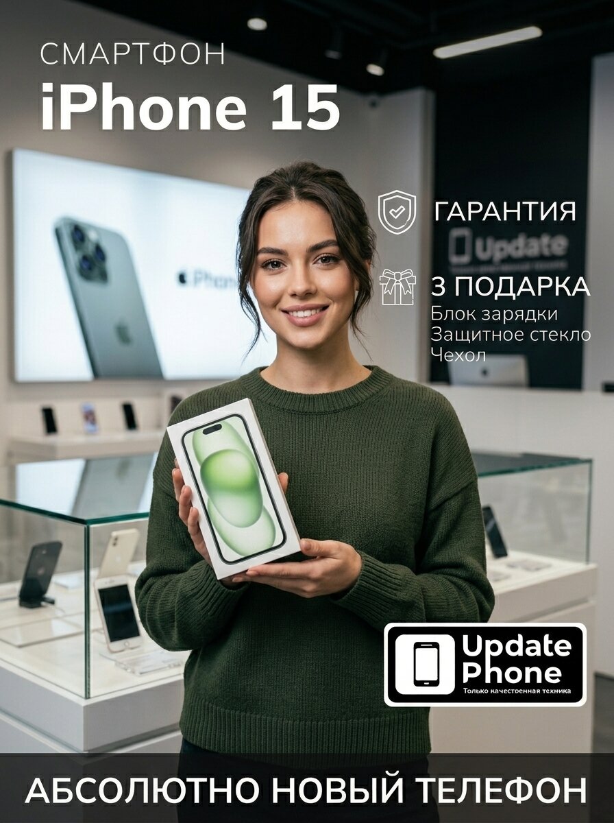 Смартфон Apple iPhone 15 256 ГБ, Dual: nano SIM, Green / зеленый. Без RuStore.NEW