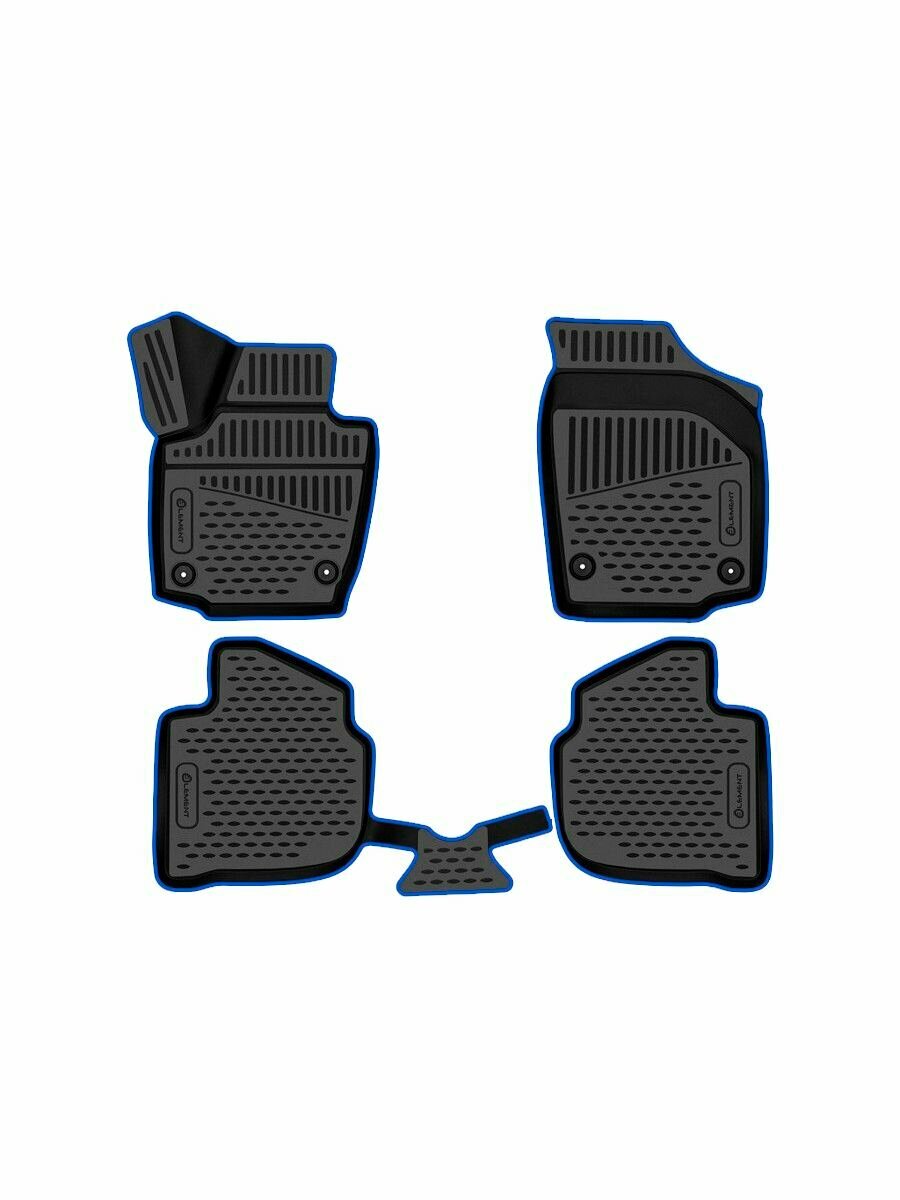 Коврики 3D в салон для SKODA Rapid (I, Iр, II), 2013-2020, 2020-н. в, 4 шт.(синий кант, полиуретан) / Шкода Рапид