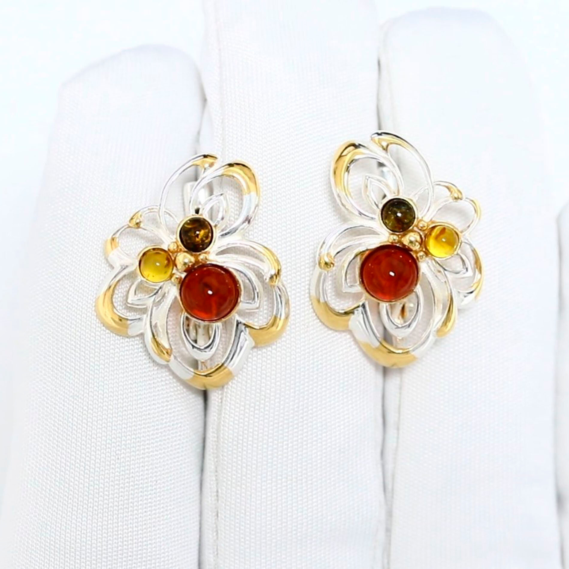 Серьги, серебро, 925 проба, золочение, янтарь