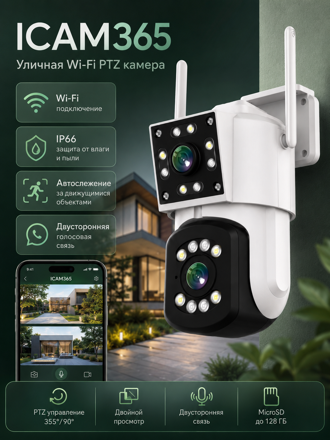 IP Камера видеонаблюдения Wi-Fi с двойным объективом, 1080p, Ночной режим, Датчик движения, Двусторонняя связь