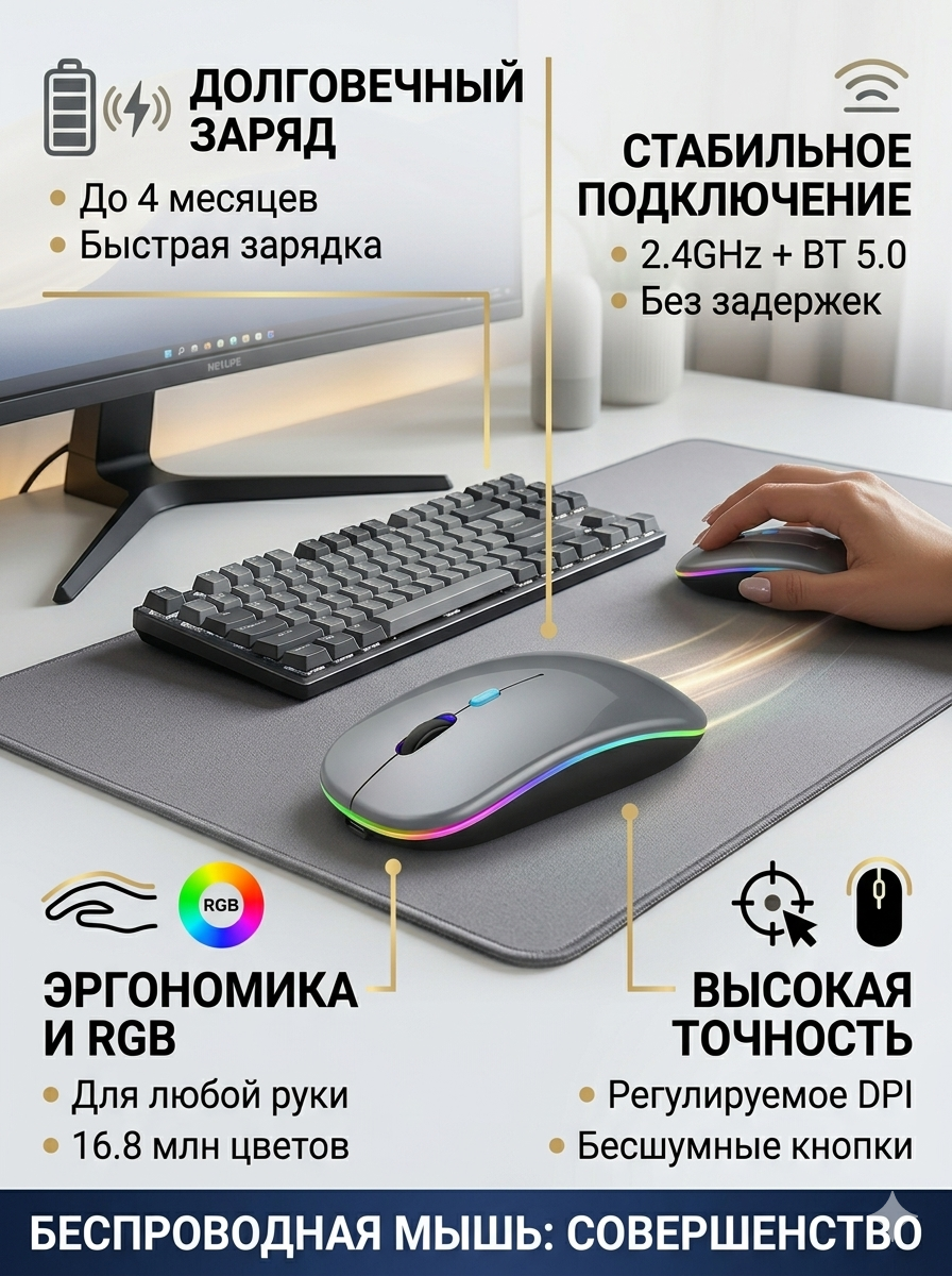 Беспроводная перезаряжаемая Bluetooth + Wireless мышь Booox серая