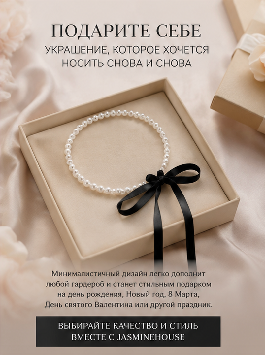 Колье Jasmine House, жемчуг имитация, длина 37 см, черно-белый — фото 1