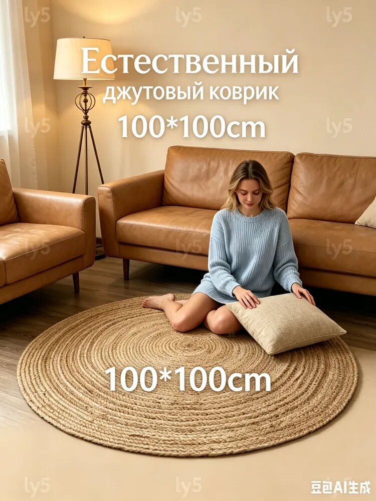 Коврик придверный 100x100 см, Натуральный Джутовый ковер круглый ручного плетения