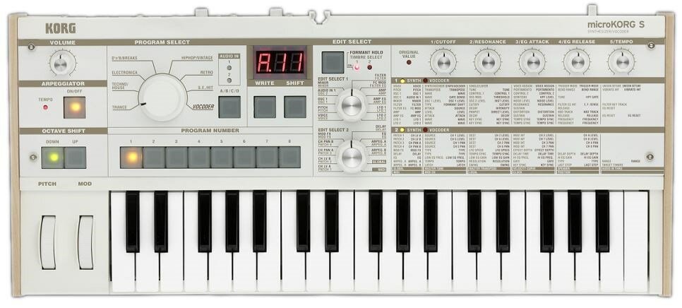 KORG microKORG S MK-1S модель на базе версии 2002 года, четырехголосная полифония, 37 клавиш, 128 программ. Элегантный стильный дизайн