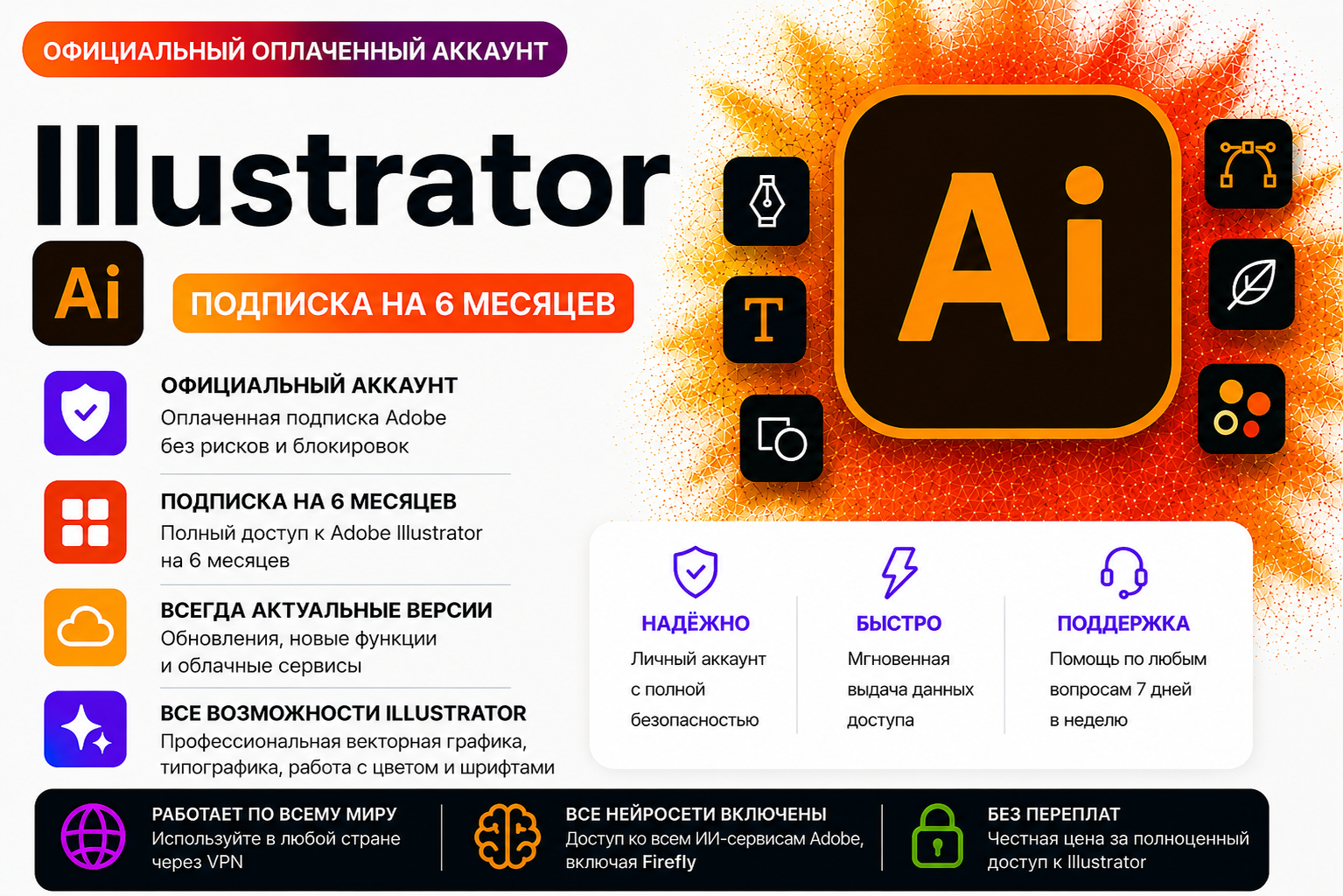 Adobe Illustrator готовый оплаченный аккаунт с подпиской на 6 месяцев, нейросети Nano Banana и др, 4к кредитов