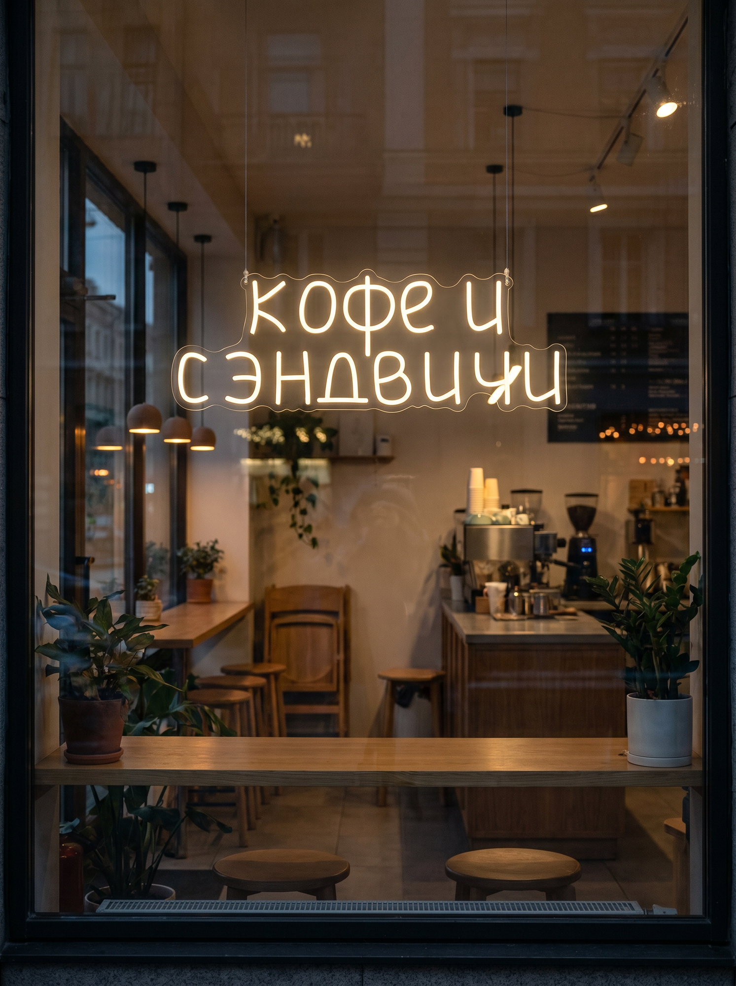 Неоновая вывеска "Кофе и сэндвичи" 80х29см, неоновая надпись, LED светильник для кофейни
