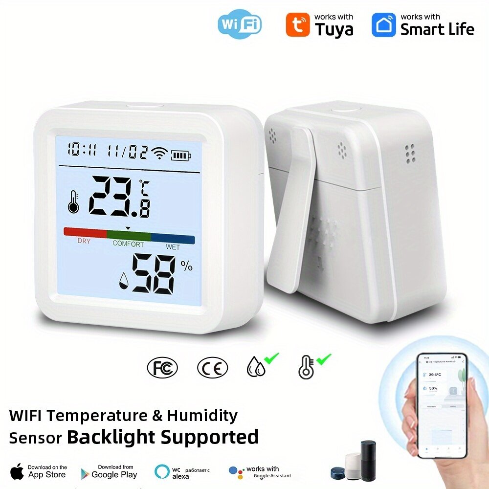 Умный WiFi термогигрометр с LCD-подсветкой, датчик температуры и влажности, поддержка Smart Life и Google Assistant, удаленный доступ с уведомлениями в приложении, для дома, теплицы, гаража, 1 шт.