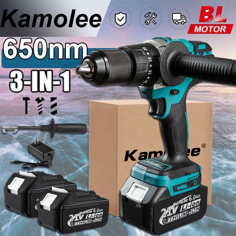 Kamolee13mm Электроударное бурение, бесщеточный двигатель, 650N. М крутящий момент, включая вспомогательную ручку, может бурить лед (батарея 6.0Ah * 2 + зарядное устройство)
